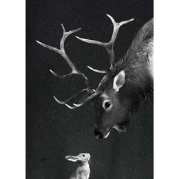 Hirsch Bild mit Hase | Schwarz weiß Bild auf Leinwand mit Tier Motiv im Winter Look | Besonderes Wandbild ideal für Wohnzimmer und Schlafzimmer - 0,5
