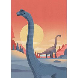 Bild mit Dinosaurier | Kinderzimmer Bild mit Brachiosaurus auf Leinwand | Jungenzimmer Dino Wandbild in Rot und Blau im Grafik Stil - 0,5 x 0,7 m