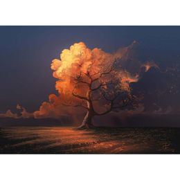 Leinwand Bild mit Baum Motiv in Blau und Orange | Herbst Bild auf Leinwand ideal für Schlafzimmer | Wandbild mit Herbstlaub auf Keilrahmen - 0,7 x