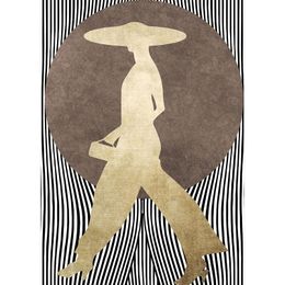 Fototapete Frau mit Hut in Gold | 3D Tapete mit Kreis und Streifen in Schwarz Weiß | Retro Fototapete 60er Jahre ideal für Schlafzimmer und