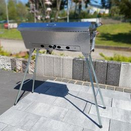 Schaschlikgrill Astana Deluxe Mangal aus rostfreiem Edelstahl mit BBQ Deckel Grillrost Ablage - silber