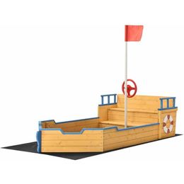 Sandkasten Käpt'n Pit - Piratenschiff Boot aus Holz - große Kinder Sandkiste für Garten mit Bodenplane, Dach & Sitzbank - Outdoor Sandbox - Juskys