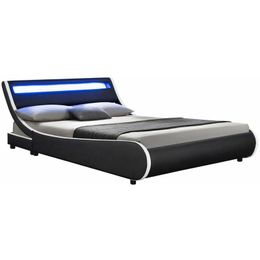 Juskys Polsterbett Valencia – Bettgestell mit Lattenrost & LED Beleuchtung im Kopfteil – Bett aus Kunstleder & Holz – Doppelbett 180 x 200 cm, schwarz