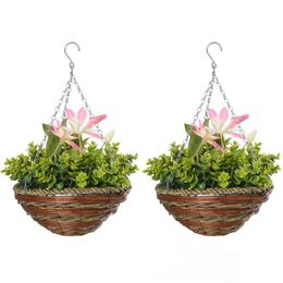 2 Künstliche Pflanzen Hängepflanze Clematis im Topf mit Haken Deko pe Rosa+Grün 30 x 30 x 32 cm - weiß+Rosa+Grün - Outsunny