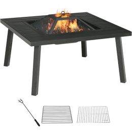 Outsunny Feuerschale Feuertisch mit Schürhaken Funkenschutz Feuerkorb Feuerstelle für Garten Camping BBQ Stahl Schwarz 81 x 81 x 53 cm - Schwarz