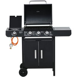 Outsunny Gasgrill bbq Grillwagen mit 3 Brennern 1 Seitenbrenner Druckminderer Schläuche Schrank Multifunktion Stahl Schwarz 110 x 50 x 100 cm - Schwarz