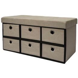 DuneDesign Faltbare Sitzbank 76x38x38cm mit 6 Schubladen Sitztruhe 80L Polsterbank Ottomane Leinen Beige Grau