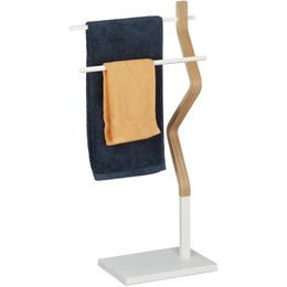 Handtuchhalter stehend, Handtuchständer mit 2 Stangen, für Hand- & Geschirrtücher, Holz & Metall, weiß/natur - Relaxdays