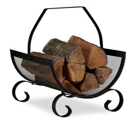 Relaxdays - Kaminholzkorb schwarz, Brennholzkorb groß, Holzwiege Kamin, Feuerholzkorb Metall, HxBxT 40 x 33 x 38 cm, black