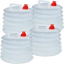 Faltkanister 4er Set, 15 Liter, faltbare Wasserkanister mit Hahn, BPA-frei, lebensmittelecht, transparent/rot - Relaxdays