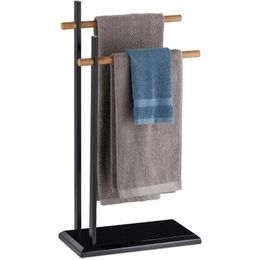 Handtuchhalter zweiarmig, Bambus Handtuchstangen, Handtuchständer, Metall, hbt 85,5x45x22,5 cm, schwarz/natur - Relaxdays
