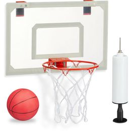 Relaxdays Basketballkorb fürs Zimmer, im Set mit Ball und Luftpumpe, Backboard zum an die Tür hängen, ohne Bohren, mehrfarbig