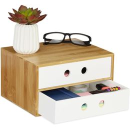 Schreibtisch Organizer, 2 Schubfächer, Bambus & mdf, Aufbewahrungsbox Büro, HxBxT: 14 x 25 x 20 cm, weiß - Relaxdays