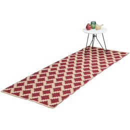 Teppich, Baumwolle, 80x200 cm, rutschfest, handgewebt, Rauten Muster, Teppichläufer, Flur, Küche, beige/rot - Relaxdays