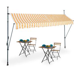 Relaxdays Klemmmarkise, 350 cm breit, höhenverstellbar, ohne Bohren, UV-beständig, Sonnenschutz für Balkon, weiß-orange