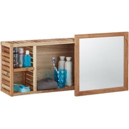 Wandregal mit Spiegel, Walnuss, verschiebbarer Spiegel, geöltes Holz, 80 cm breit, besonders fürs Badezimmer, natur - Relaxdays