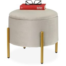 Samthocker mit Stauraum, runder Sitzhocker, Metallbeine, eleganter Hocker Samt, HxD: 39,5 x 42,5 cm, grau/gold - Relaxdays
