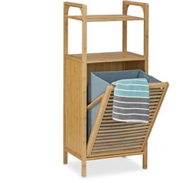 Relaxdays Badregal mit Wäschekorb aus Bambus hbt 95 x 40 x 30 cm Badschrank mit 2 Ablagen für Badaccessoires als Wäschebehälter mit ausklappbarem Wäschesack