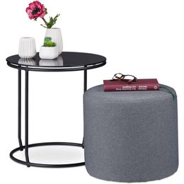 Relaxdays Beistelltisch mit Hocker, rund, Couchtisch und Pouf Kombination, platzsparend, HxD 40x40cm, schwarz und grau