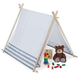 Tipi Zelt für Kinder, mit Fenster, Kinderzimmer Zelt, Wigwam Kinderzelt, HxBxT: 92 x 92 x 120 cm, weiß-grau - Relaxdays