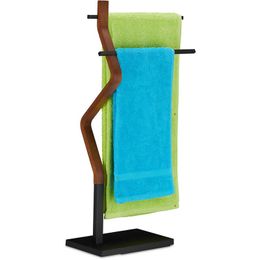 Handtuchhalter stehend, Handtuchständer, 2 Stangen, für Hand- & Geschirrtücher, Holz & Metall, schwarz/braun - Relaxdays