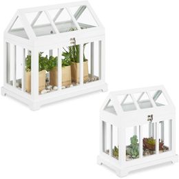 Mini Gewächhaus, 2er Set, für die Fensterbank, Indoor Treibhaus, Glas und mdf, Kräuter, Blumen, 2 Größen, weiß - Relaxdays