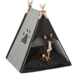 Hundezelt, Haustiertipi kleine für Hunde & Katzen, aus Filz & Holz, mit Kissen, 70,5 x 59,5 x 59 cm, hellgrau - Relaxdays