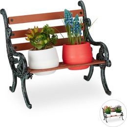 Mini Blumenbank, Gusseisen & Holz, Blumenständer für 2 Blumentöpfe, ø 7,5 cm, Garten Deko, braun/grau-grün - Relaxdays