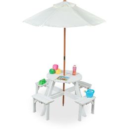 Kindersitzgruppe für draußen, runde Tischplatte, für 4 Kinder, Garten Picknicktisch mit Schirm, Holz, weiß - Relaxdays