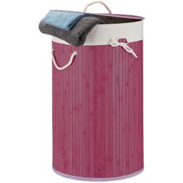 Wäschekorb Bambus, faltbare Wäschetonne mit Deckel, Volumen 70 l, Wäschesack Baumwolle, rund ø 41 cm, violett - Relaxdays