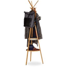 Garderobe mit Ablage, dreiarmiger Bambus Kleiderständer mit 6 Haken, Kleiderablage HxBxT: 171x50x50cm, natur - Relaxdays