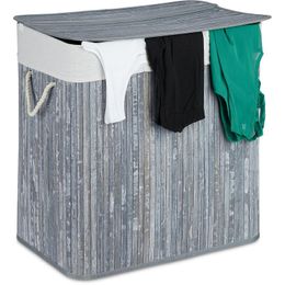 Relaxdays Wäschekorb, 3 Fächer, mit Deckel, rechteckiger Wäschesortierer, HBT 62 x 62,5 x 42,5 cm, aus Bambus, grau/weiß