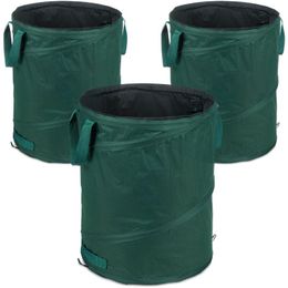 Laubsack selbstaufstellend, 3er Set, 90 Liter, Pop Up Gartensack, 3 Griffe, UV-beständig, wasserdicht, grün - Relaxdays