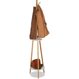 Relaxdays - Garderobenständer, 8 Haken, 2 Ablagen, Jackenständer aus Bambus & mdf Holz, Garderobe HxD 181x37cm, natur/weiß