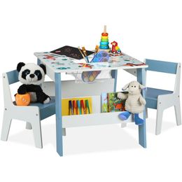 Kindersitzgruppe, Hunde-Motiv, Kindertisch Set, 2 Stühle, Kindersitzkombination, mit Stauraum & Tafel, bunt - Relaxdays