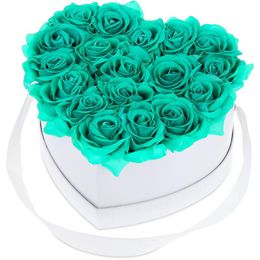 Rosenbox Herz, 18 Rosen, stabile Flowerbox weiß, 10 Jahre haltbar, Geschenkidee, dekorative Blumenbox, türkis - Relaxdays