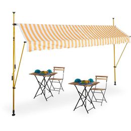 Klemmmarkise, 350 cm breit, höhenverstellbar, ohne Bohren, UV-beständig, Sonnenschutz für Balkon, weiß-orange - Relaxdays