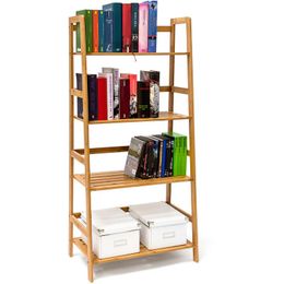 Relaxdays Bücherregal aus Bambus mit 4 Ablagen HxBxT: ca. 120 x 57 x 31 cm Regal für Bücher in Leiterform Standregal mit Durschubsicherung als Bücherschrank