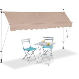 Klemmmarkise, Balkon Sonnenschutz, einziehbar, Fallarm, ohne Bohren, höhenverstellbar, 300 cm breit, beige - Relaxdays