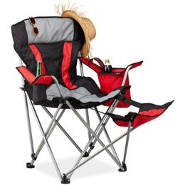 Campingstuhl mit Fußablage, klappbarer Angelstuhl mit Getränkehalter & Kühltasche, bis 150 kg, schwarz-rot - Relaxdays