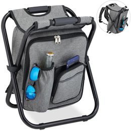 Campinghocker mit Tasche, klappbar, tragbar, leicht & stabil, Sitzrucksack, Polyester, hbt: 43x35x29 cm, grau - Relaxdays