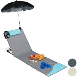 Relaxdays Strandmatte, gepolsterte Strandliege XXL mit Sonnenschirm, 3-stufig verstellbar, Kopfkissen, tragbar, grau