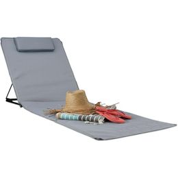 Strandmatte xxl, gepolsterte Sonnenliege mit Kopfkissen, verstellbare Strandliege inklusive Tragetasche, grau - Relaxdays
