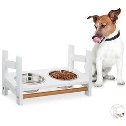 Relaxdays - Futterstation für Hunde, 2x 500 ml Edelstahl-Napf, höhenverstellbar, Napferhöhung, 20 cm, Bambus, mdf, weiß