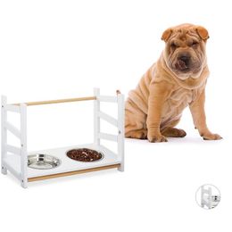 Relaxdays - Futterstation für Hunde, 2x 1000 ml Edelstahl-Napf, höhenverstellbar, Napferhöhung, 39 cm, Bambus, mdf, weiß