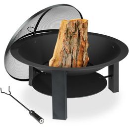 Feuerschale mit Funkenschutz, Garten & Terrasse, mit Schürhaken, Outdoor Feuerstelle, Guss, d: 73 cm, schwarz - Relaxdays