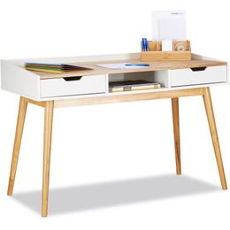Schreibtisch, skandinavisches Design, 2 Schubladen, Bürotisch HxBxT: ca. 76 x 120 x 55 cm, Holz, weiß-braun - Relaxdays