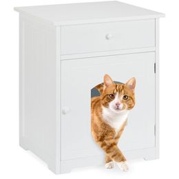 Katzenschrank mit Schublade, Katzenkommode Katzentoilette Holz, Katzenklo Schrank, hbt 63,5 x 52 x 48 cm, weiß - Relaxdays