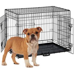 Hundekäfig, zuhause & Auto, hbt: 68 x 92 x 62 cm, faltbare Hundebox mit Boden, 2 Türen, Griff, Stahl, schwarz - Relaxdays