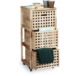 Relaxdays Rollcontainer Holz mit 3 Fächern Walnuss hbt: ca. 91,5 x 40,4 x 40,4 cm Utensilienwagen Rollregal Wäschebox Holz Schrank rollbarer Schubladenschrank,